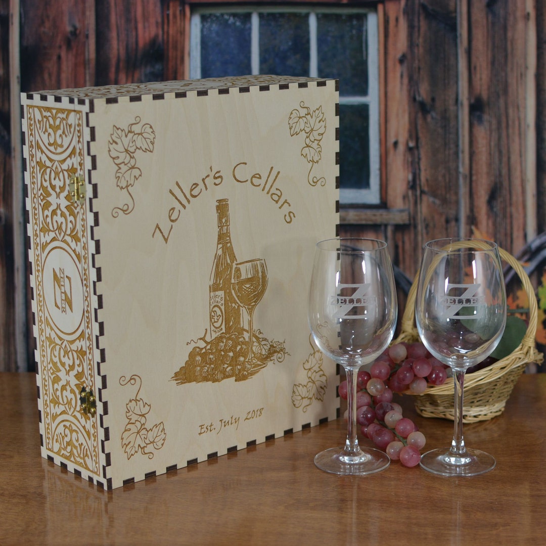 Personalized Wood Wine Box Set With 2 Custom Crystal Wine Glasses - Etsy