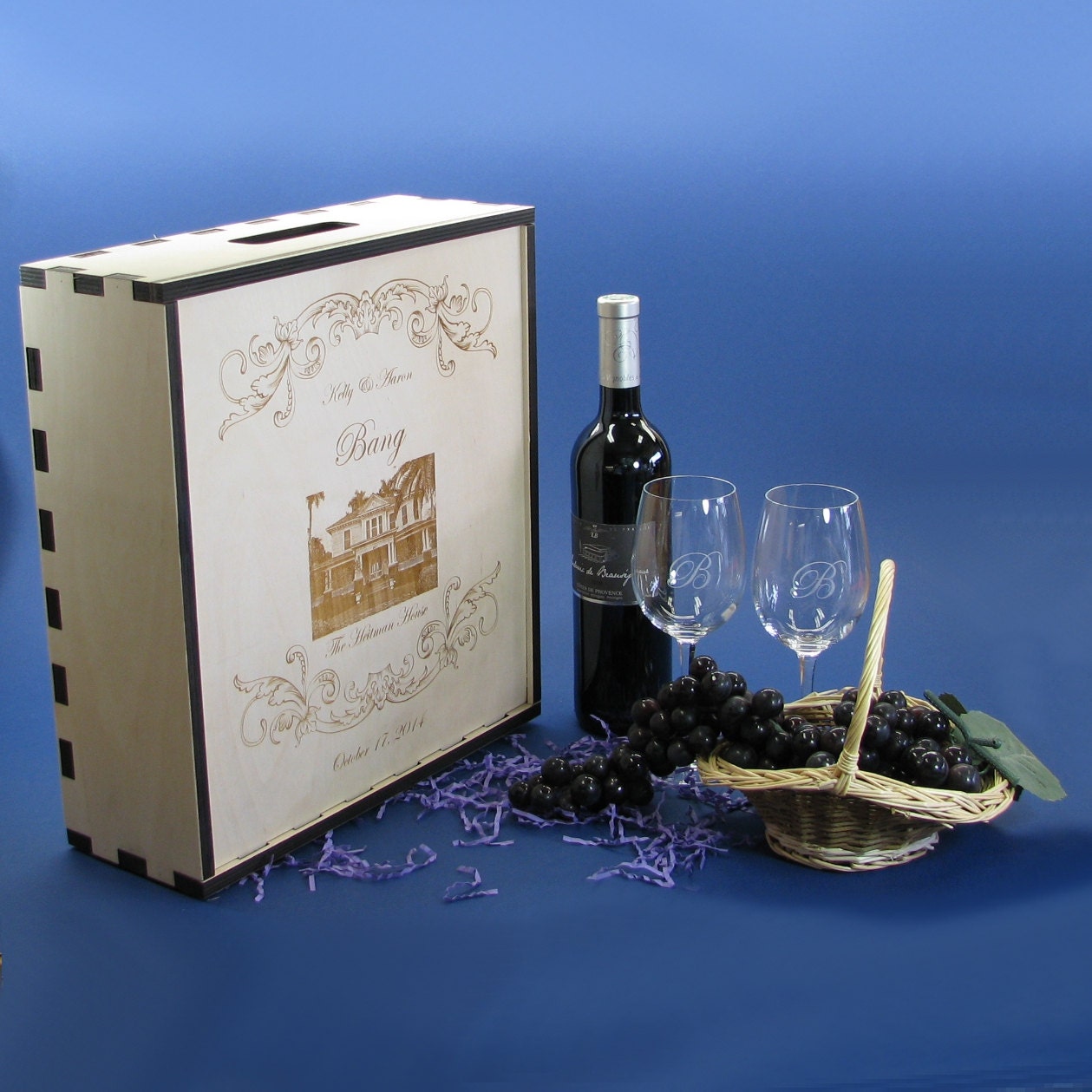 Personalized Winery Style Wood Wine Box Set With 2 Crystal Etsy