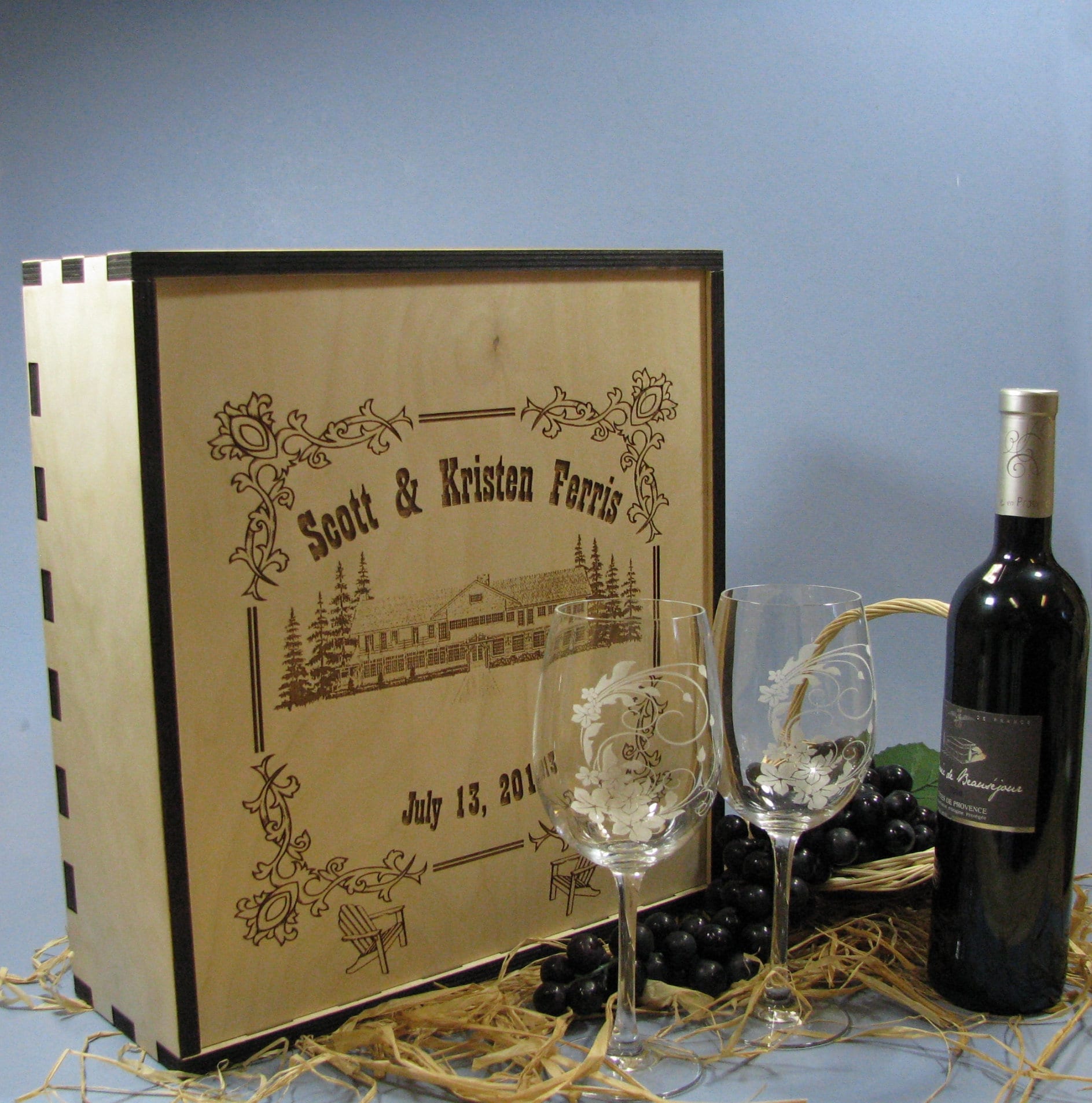 Personalized Winery Style Wood Wine Box Set With 2 Crystal Etsy