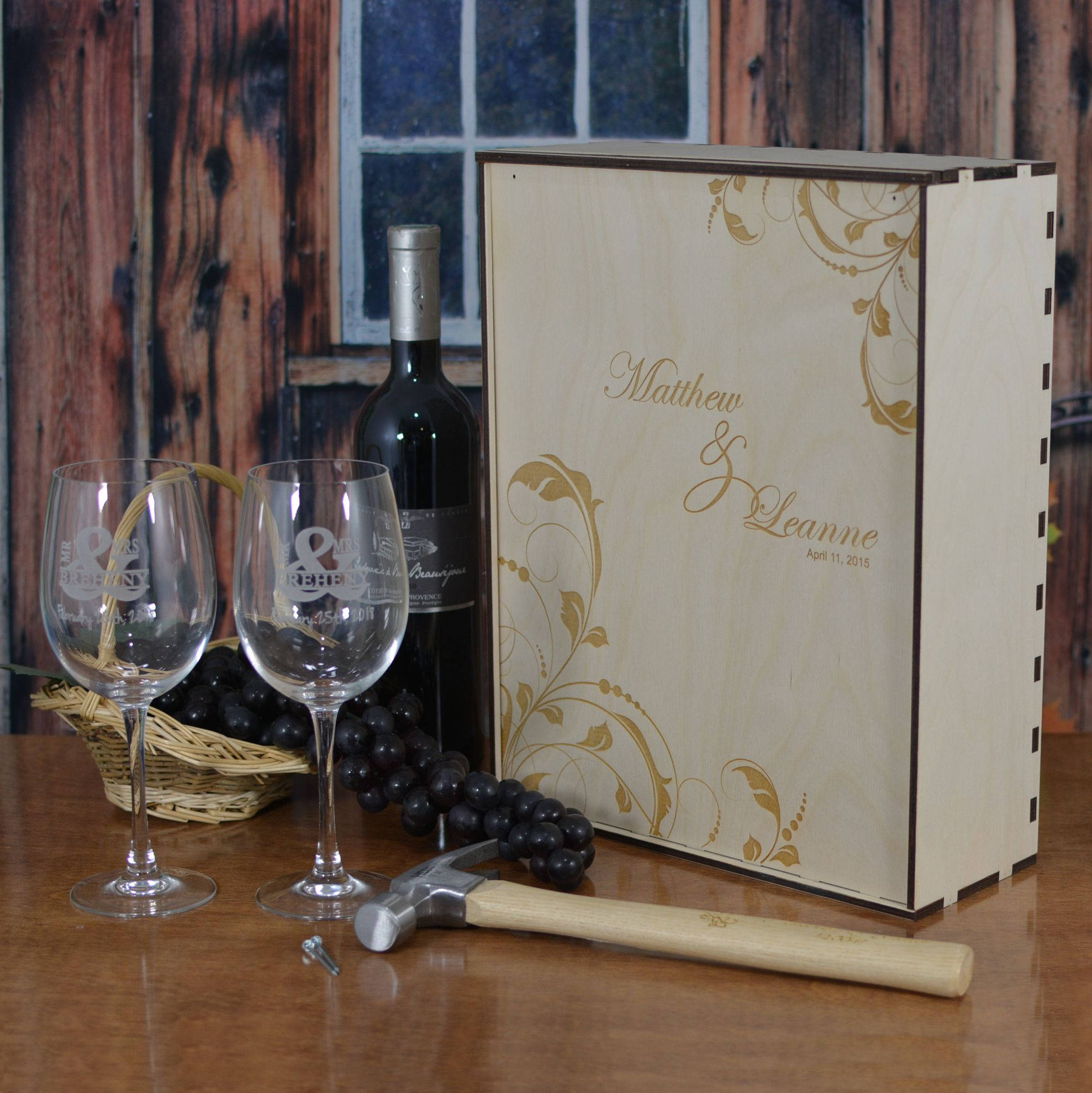 Personalized Wedding Ceremony Wine Box With 2 Crystal Wine Glasses