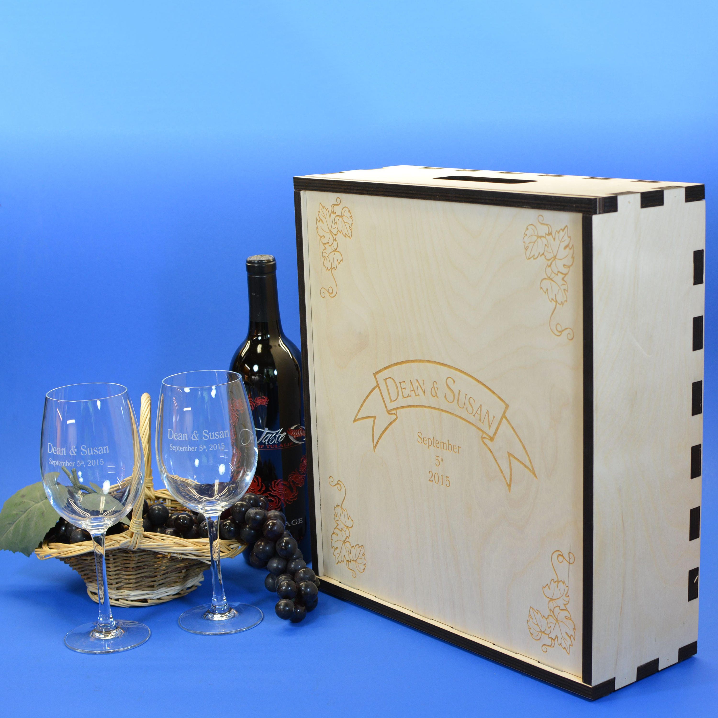 Personalized Winery Style Wood Wine Box Set With 2 Crystal Etsy