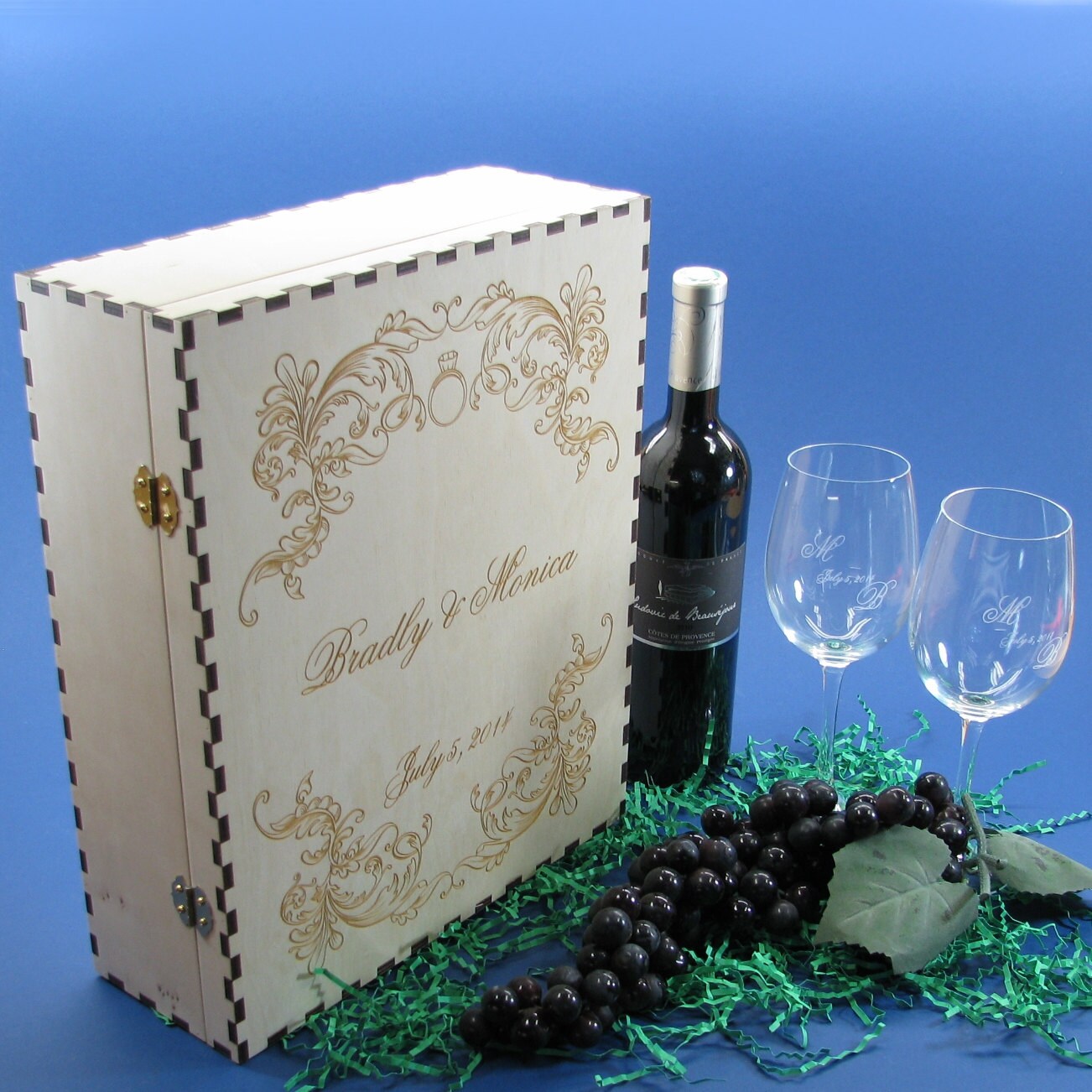 Personalized Wood Wine Box Set With 2 Custom Crystal Wine Glasses