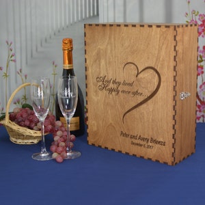 Elegant Wood Champagne Gift Box With 2 Etched Crystal Flutes and 2 ...