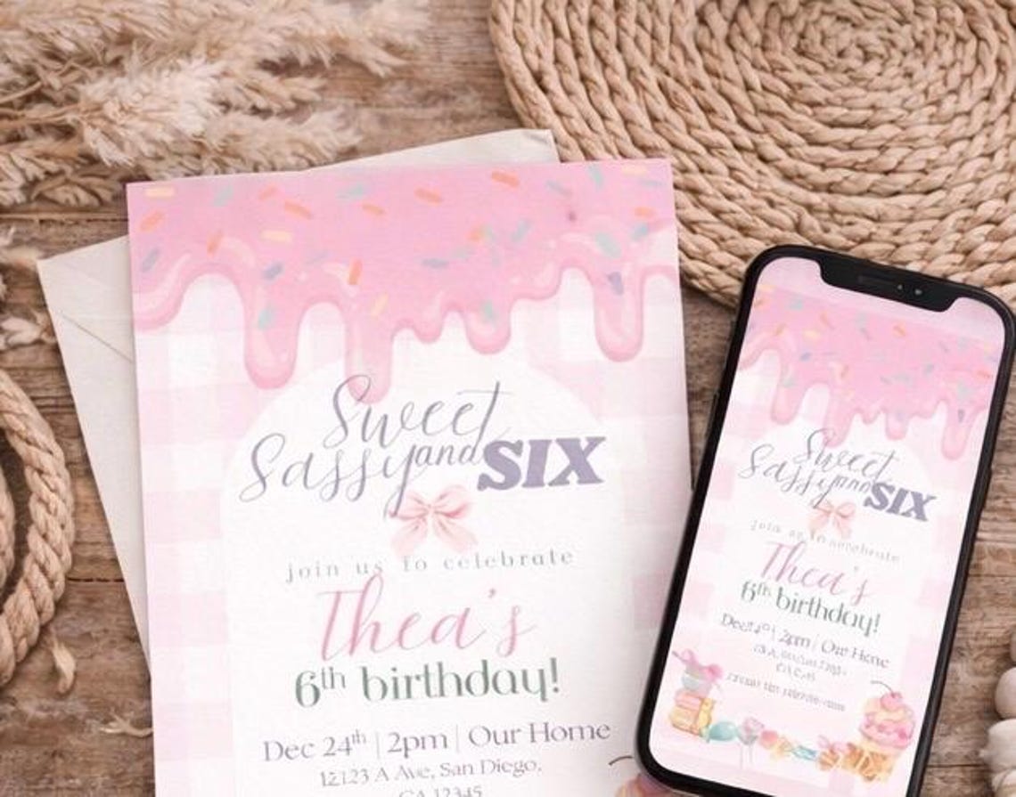 Sweet Sassy and Six Birthday Invitation, Girl 6th Birthday Invitation ...