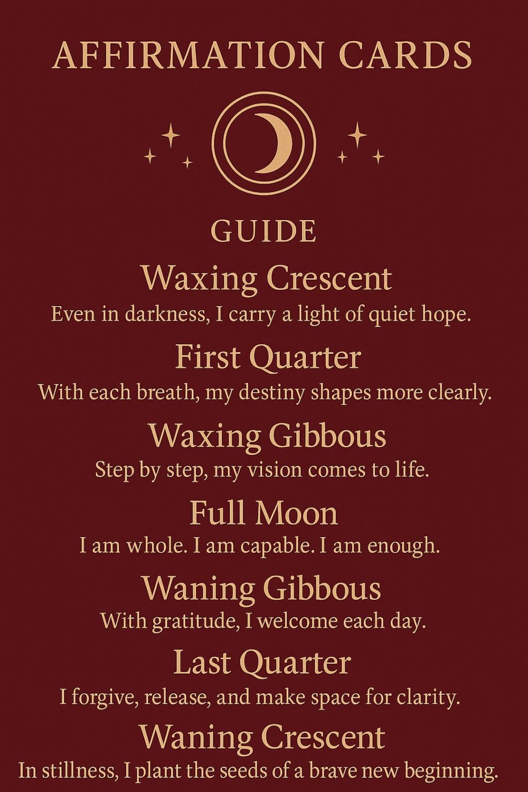 Moon Affirmation Cards | Printable Lunar Phase Deck | Spiritual Quotes ...