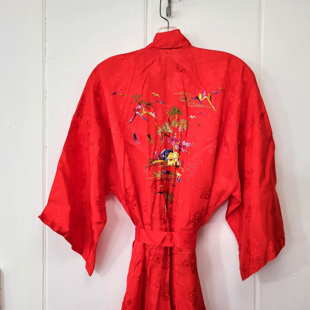 Vintage Embroidered Red Satin Kimono Robe - Etsy