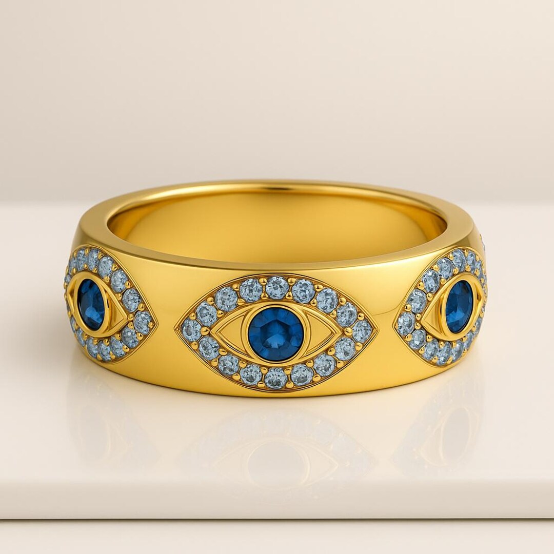 Evil Eye Wedding Band With Blue Sapphire, 14K Solid Gold Talisman Ring ...