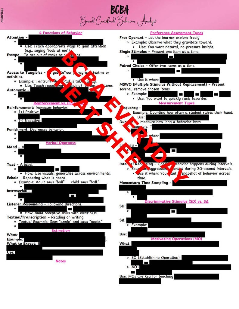 Pink BCBA Cheat Sheet: ABA Therapist Quick Reference Guide (printable ...