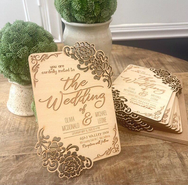Laser Cut Wooden Wedding Invitations - Lauren Design - 4x6 Size - Made ...