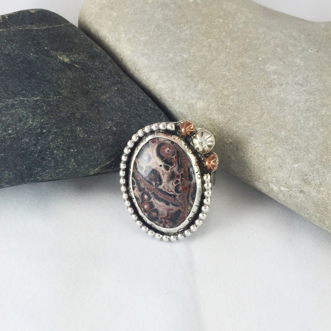 Pink Leopard Jasper Ring With Copper and Silver Ball Accents / Animal ...