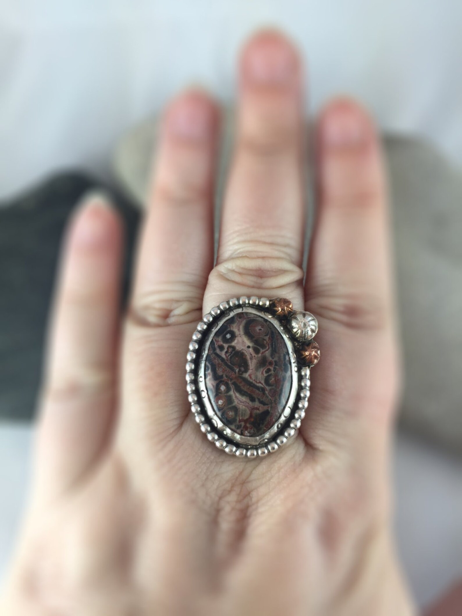 Pink Leopard Jasper Ring With Copper and Silver Ball Accents / - Etsy