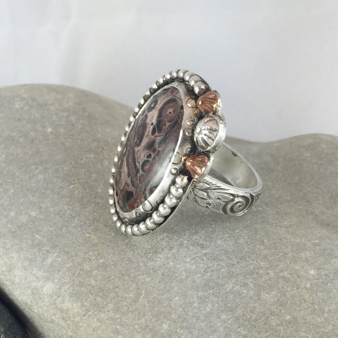 Pink Leopard Jasper Ring With Copper and Silver Ball Accents / - Etsy