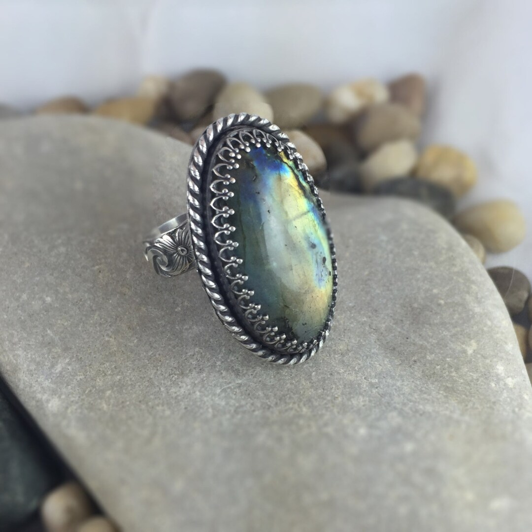 Big Labradorite Ring / Adjustable Ring / Sterling Silver Ring ...