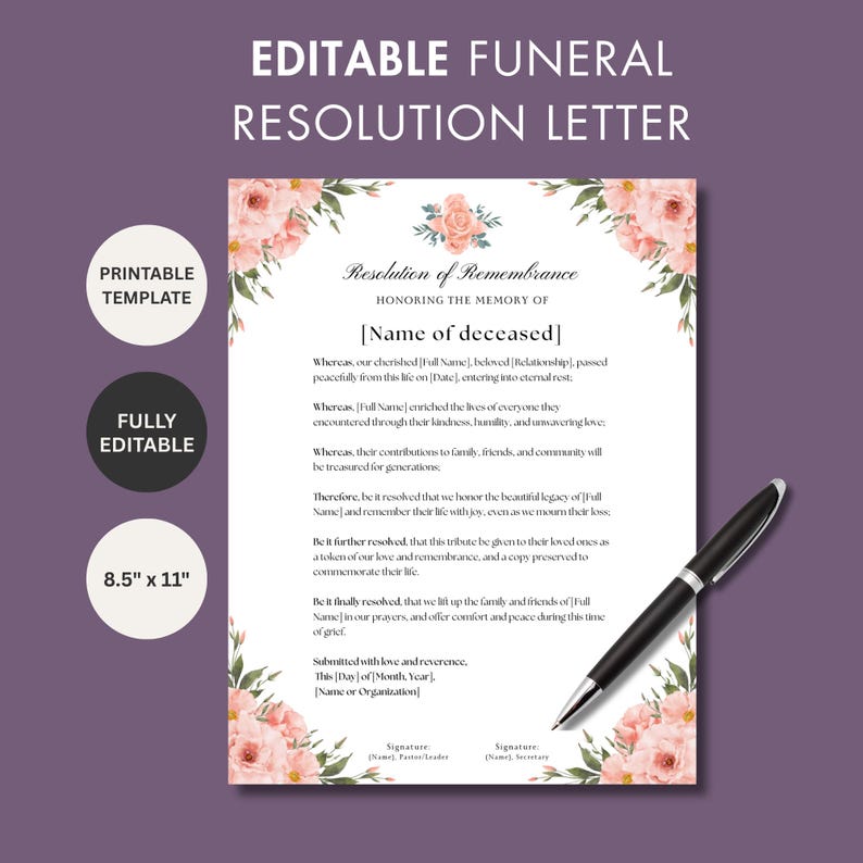 Editable Funeral Resolution Letter Template, Memorial Tribute (canva ...