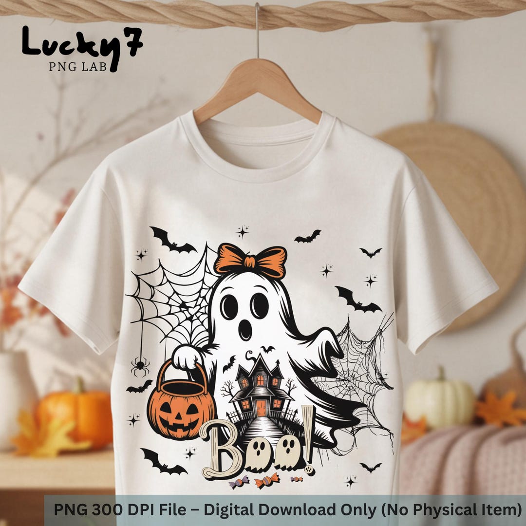 Woodcut Halloween Ghost PNG With Pumpkin and BOO!, Vintage Linocut ...