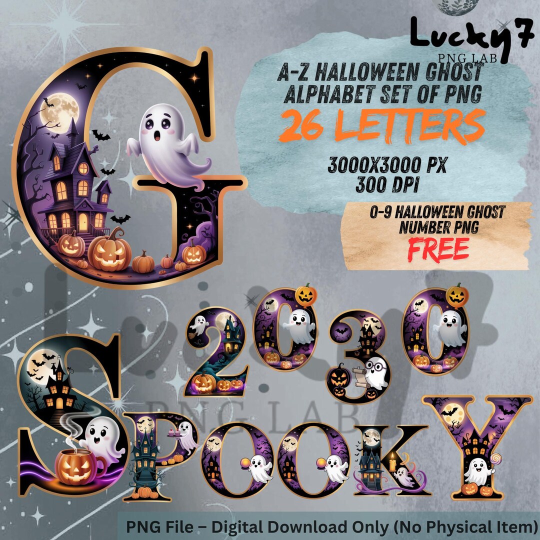 Cute Ghost Halloween Alphabet PNG Bundle A-Z & FREE 0-9 Number, Spooky ...
