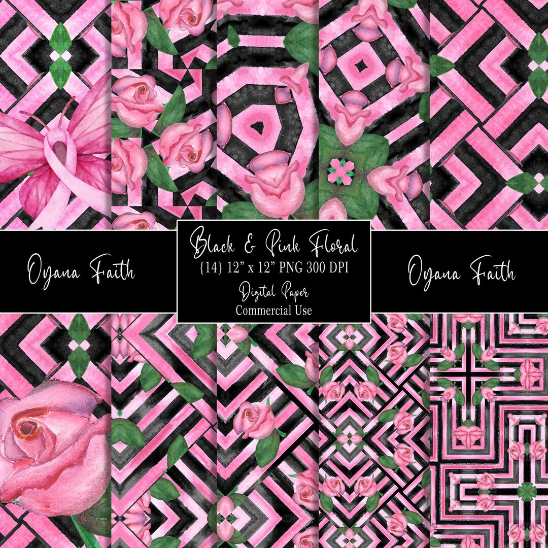 Digital Paper, Floral Digital Paper, Flower Digital, Black and Pink ...