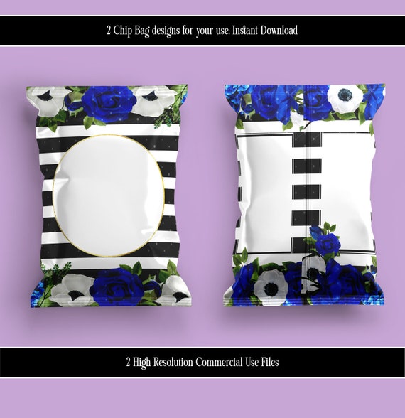 Chip Bag Template,Black and White Stripe, Blue Floral, Wedding Favors ...