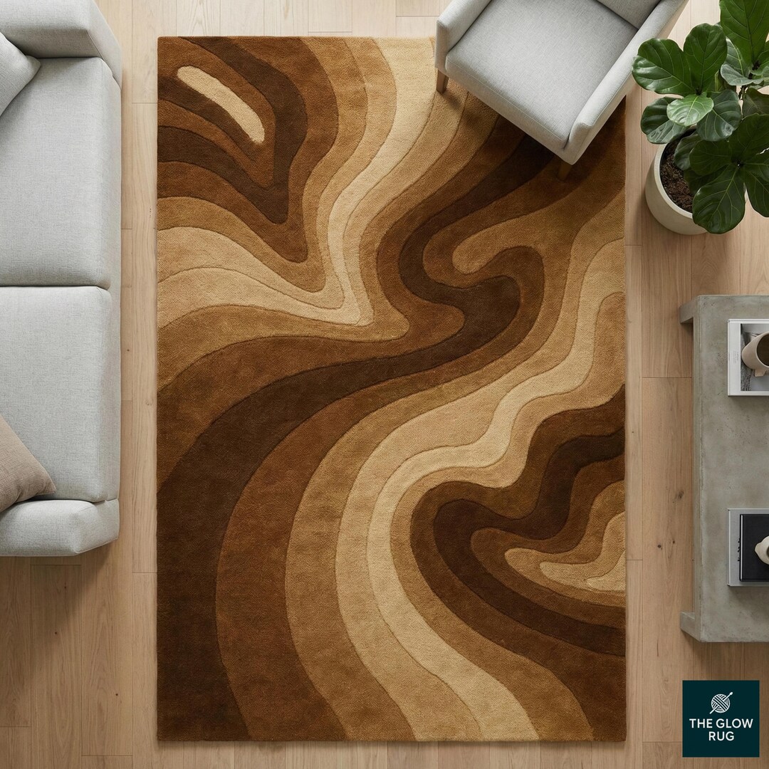Brown Wavy Wool Rug – Groovy Retro Abstract Design, Handmade 6x9 - Etsy