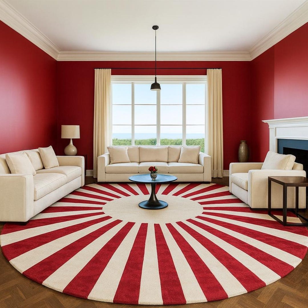Handmade Wool Sunburst Rug: Red and Cream Geometric Tufted Carpet - Etsy