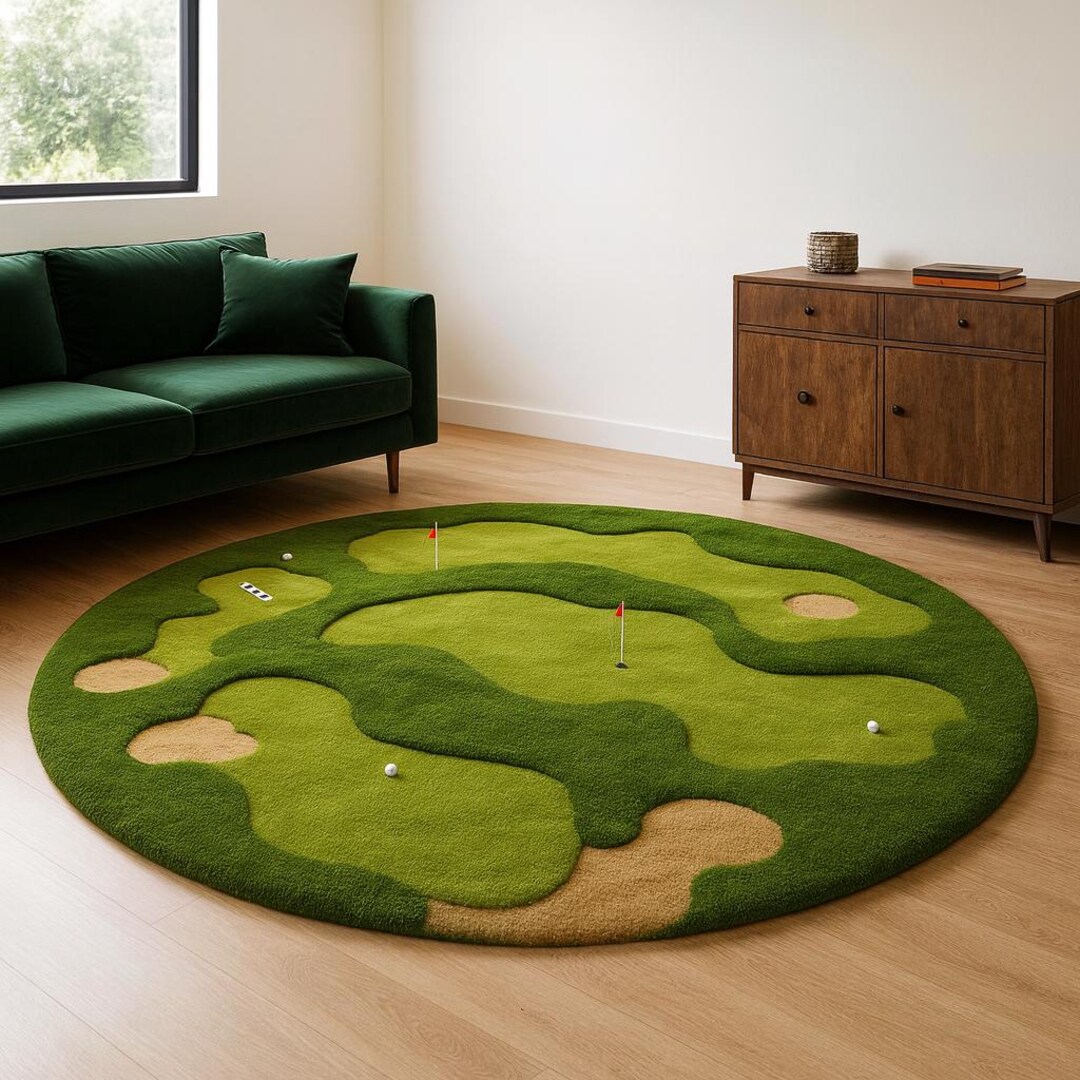 Handmade 3D Golf Course Rug: Round Wool Putting Green Carpet - Etsy