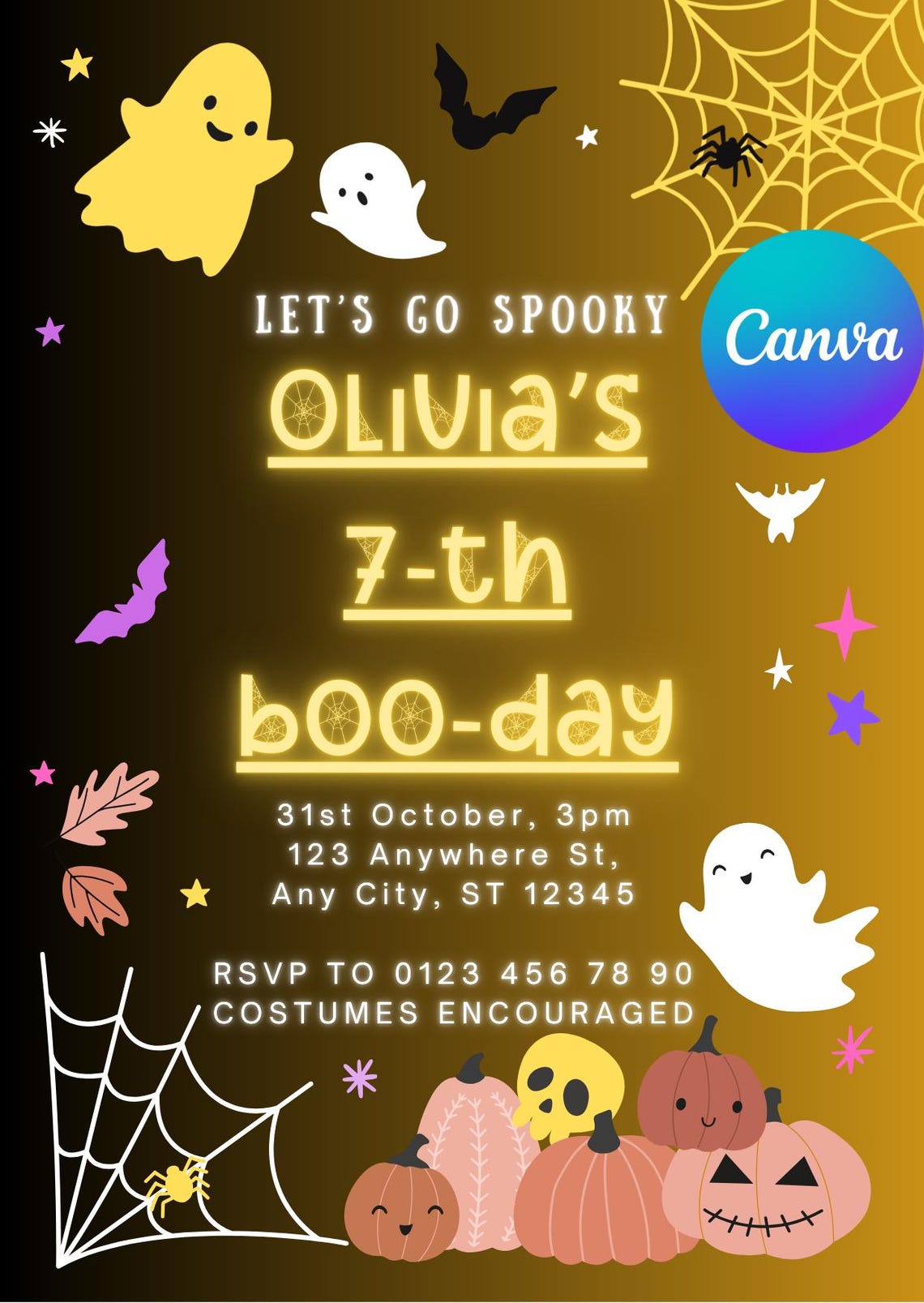 Cute Ghost Halloween Birthday Invitation, Editable Bow Halloween Party ...