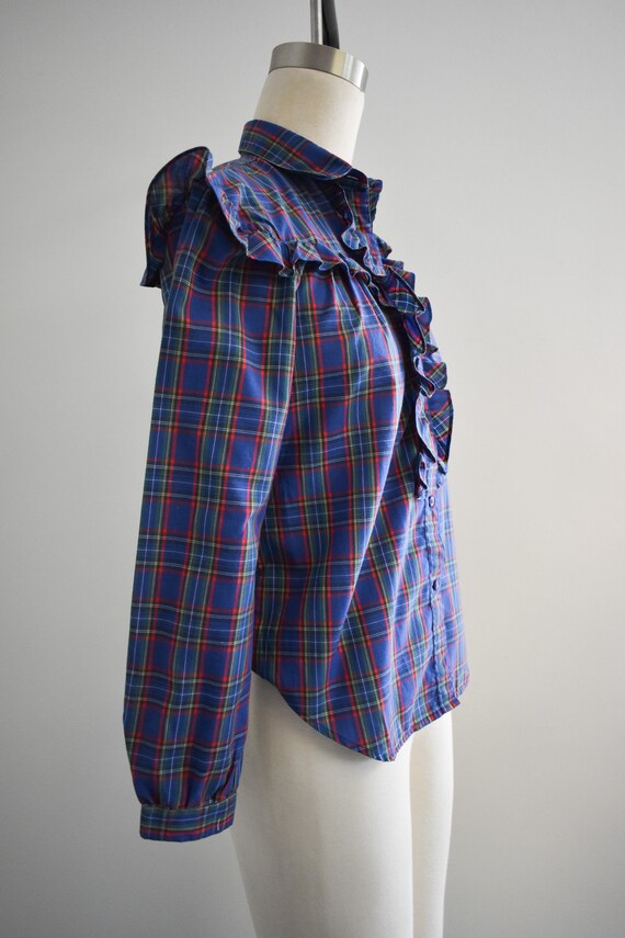 1970s/80s Blue Plaid Ruffled Blouse - Gem