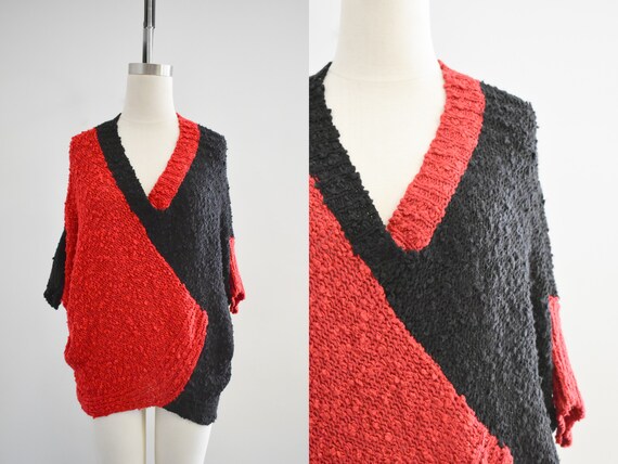 1980s Red and Black Boucle Cocoon Sweater - Gem