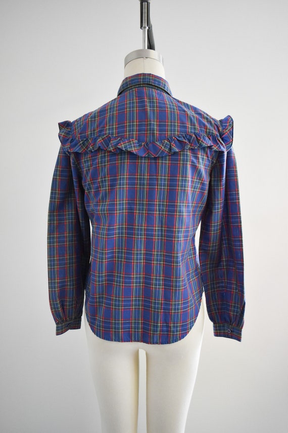 1970s/80s Blue Plaid Ruffled Blouse - Gem