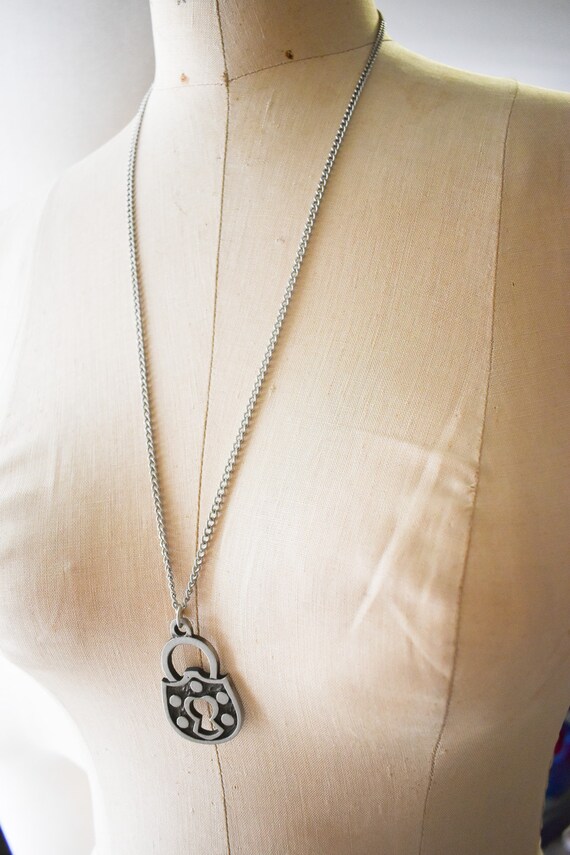 1970s Swedish Pewter Lock Pendant and Chain - Gem