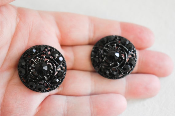 1950s/60s Black Rhinestone Circle Clip Earrings - Gem