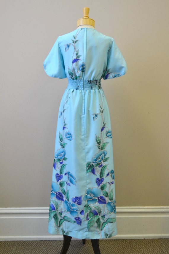 1960s Hilo Hatties Blue Floral Hawaiian Maxi Dress Gem