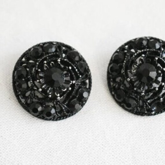 1950s/60s Black Rhinestone Circle Clip Earrings - Gem