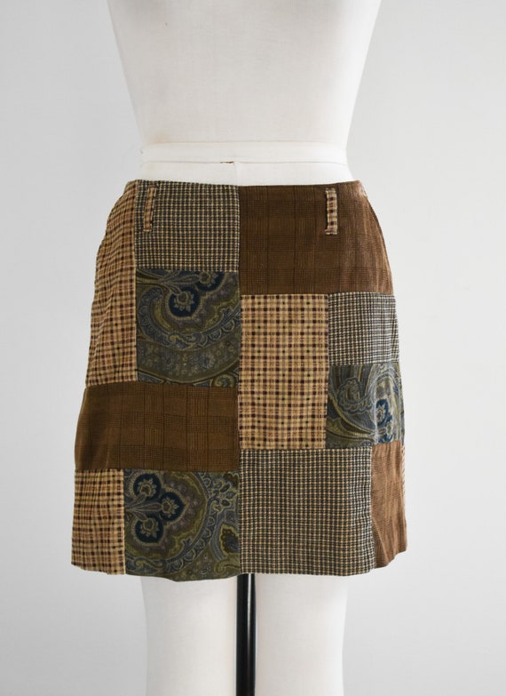 1990s Corduroy Patchwork Low Rise Mini Skirt - Gem