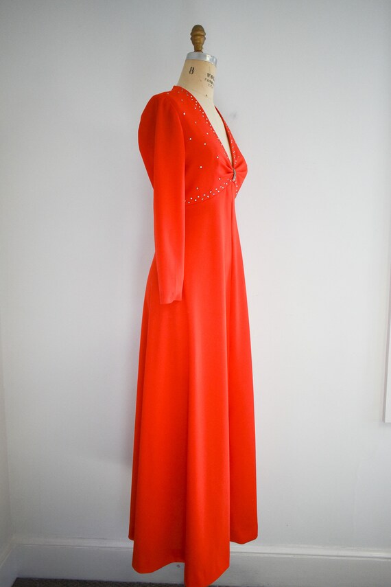 1970s Orange-Red Knit Maxi Dress with Rhinestones - Gem