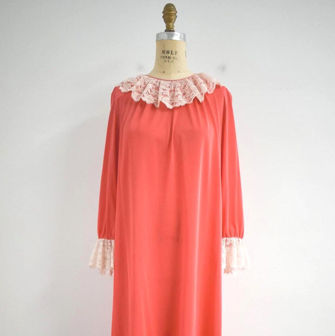 1960s Vanity Fair Coral Night Gown With Lace Collar and Cuffs - Etsy