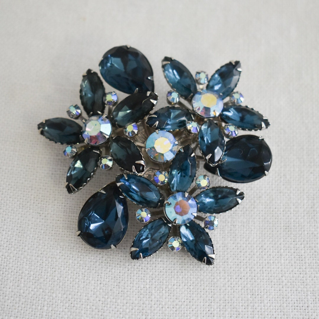 Vintage Blue Floral Rhinestone Brooch - Etsy