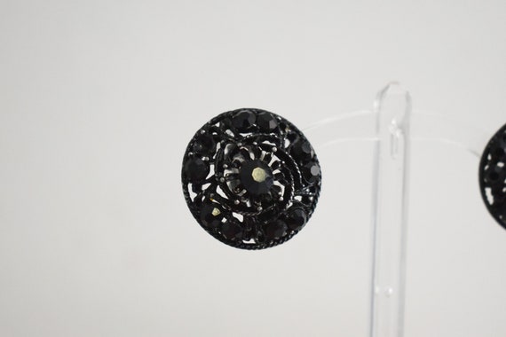 1950s/60s Black Rhinestone Circle Clip Earrings - Gem
