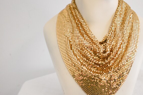 1970s Whiting and Davis Gold Metal Mesh Bib Necklace - Gem