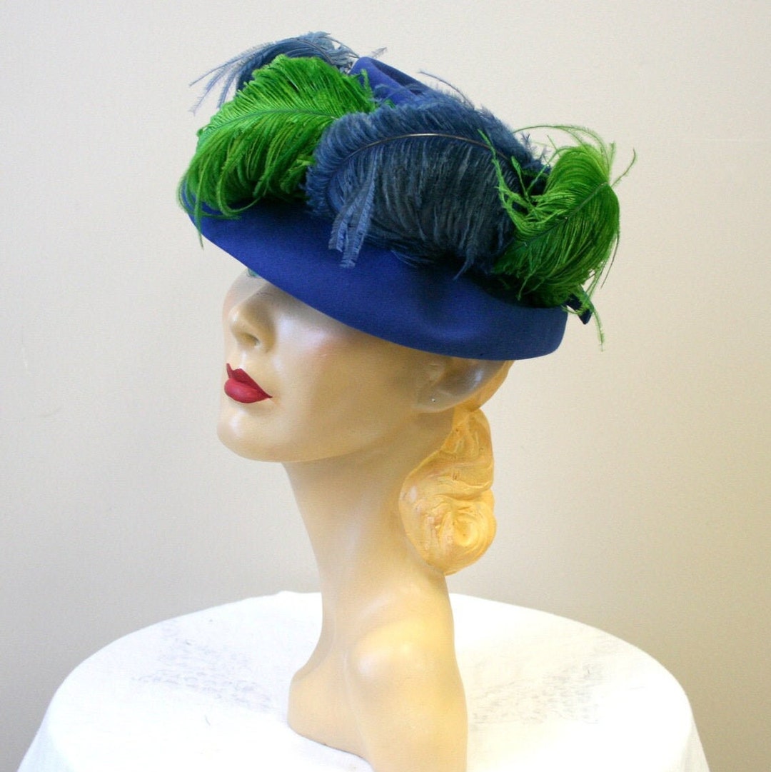 1940s Blue and Green Feather Hat - Etsy