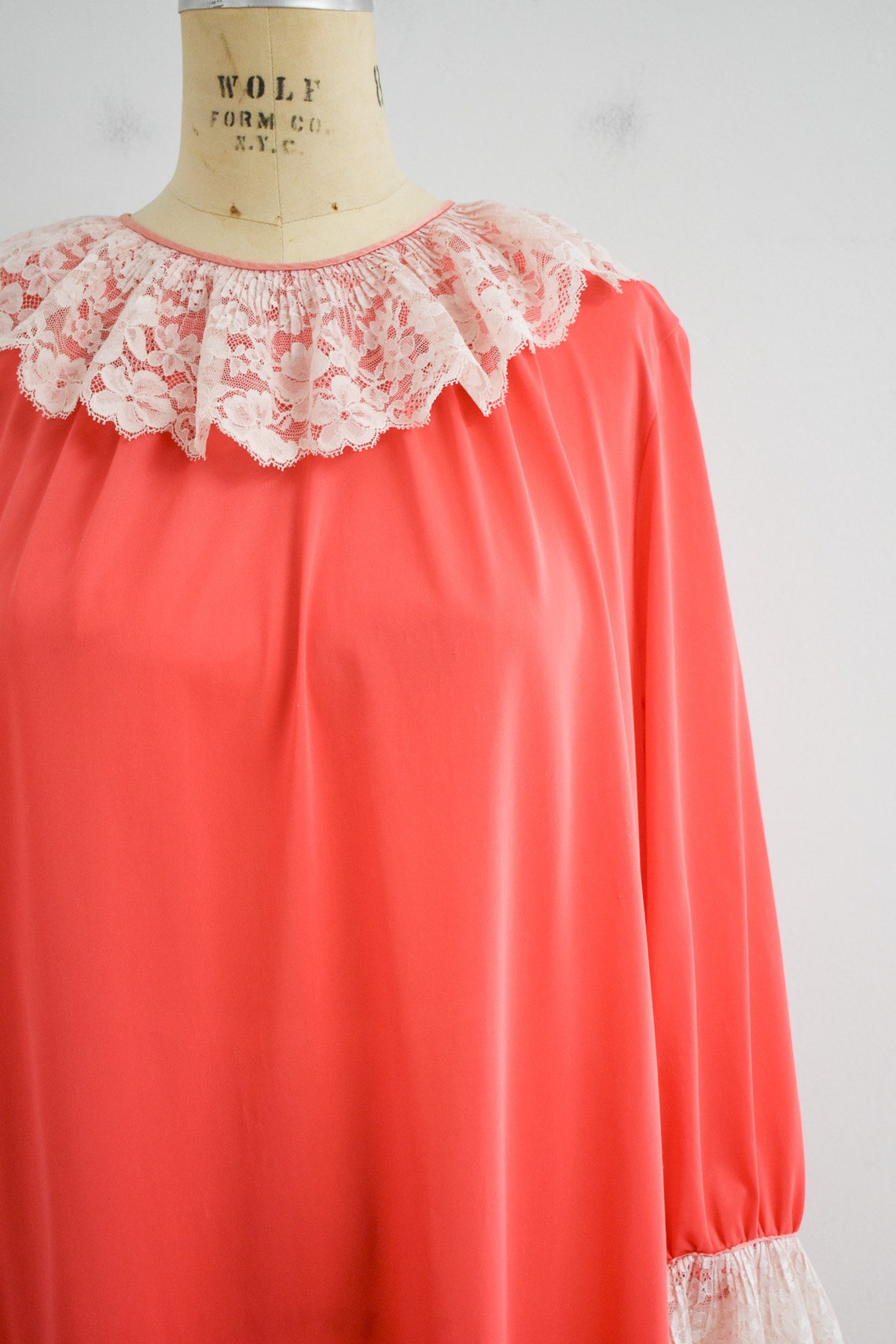 1960s Vanity Fair Coral Night Gown With Lace Collar and Cuffs - Etsy