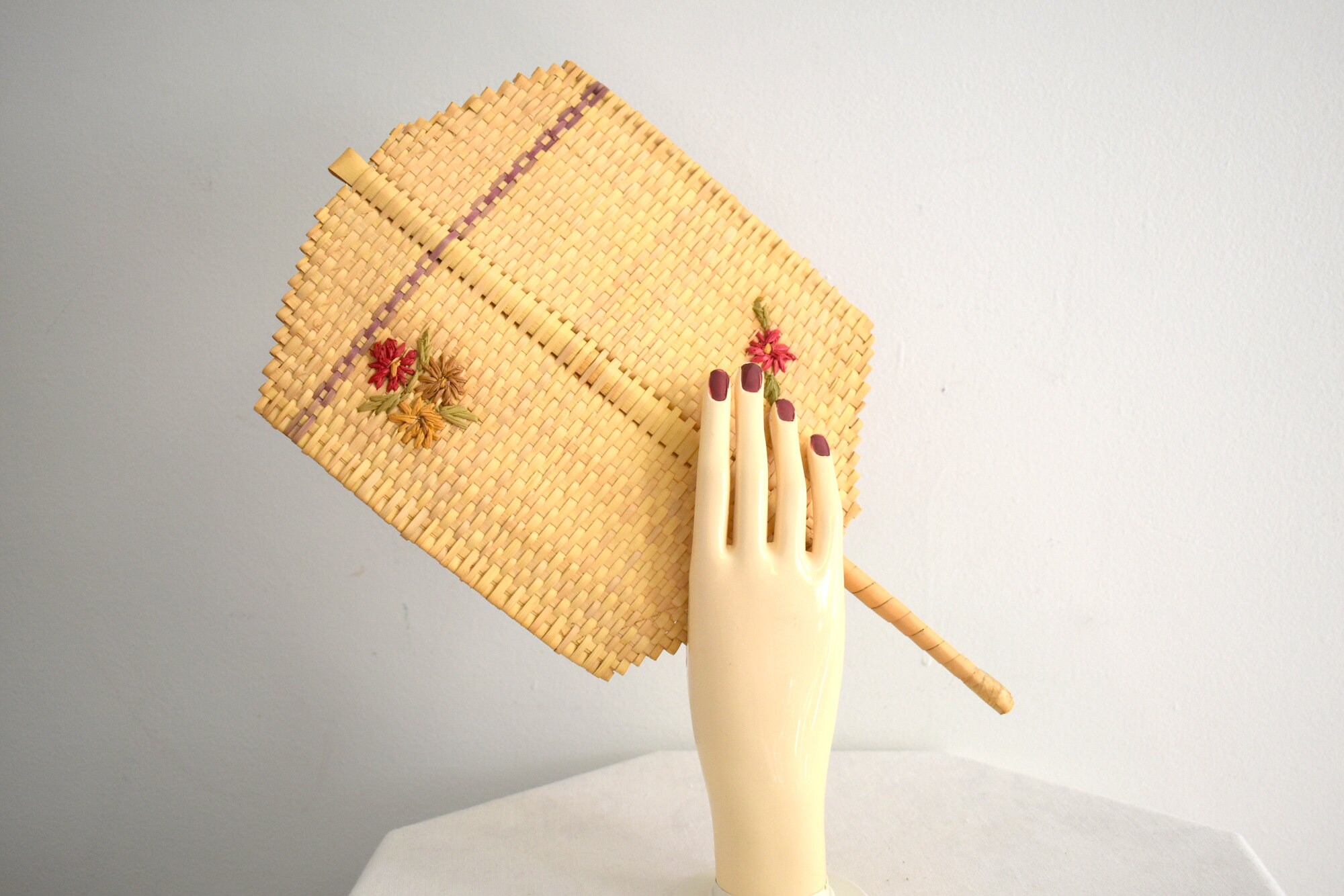Vintage Wicker Hand Fan With Floral Stitching | Etsy