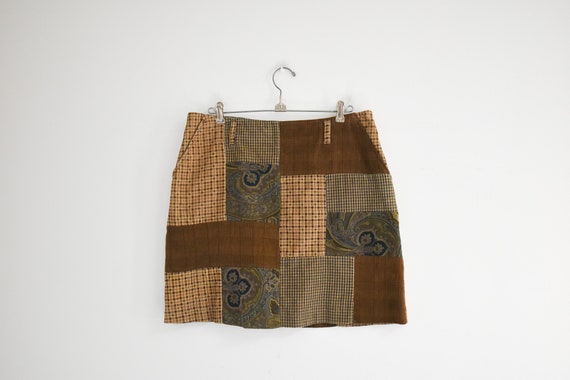 1990s Corduroy Patchwork Low Rise Mini Skirt - Gem