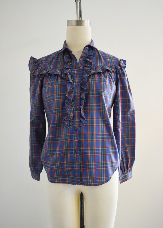 1970s/80s Blue Plaid Ruffled Blouse - Gem