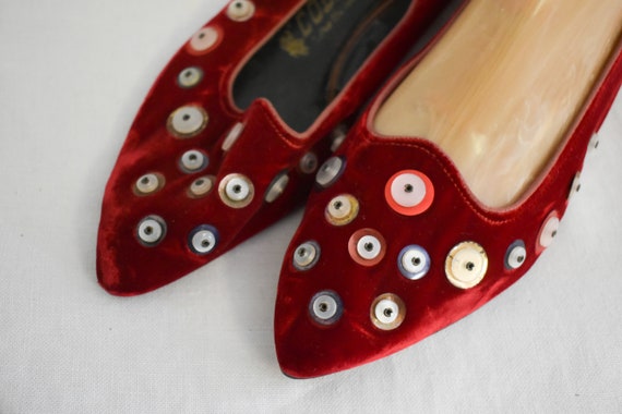 1950s/60s Dark Red Velvet Flats, Size 5 1/2M - Gem