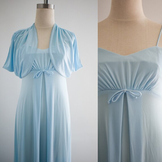 1970s Pale Blue Maxi Dress and Draped Bolero Jacket - Gem