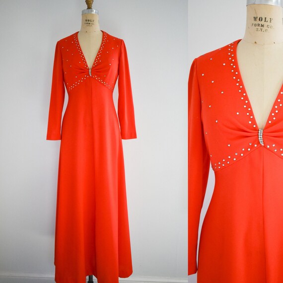 1970s Orange-Red Knit Maxi Dress with Rhinestones - Gem