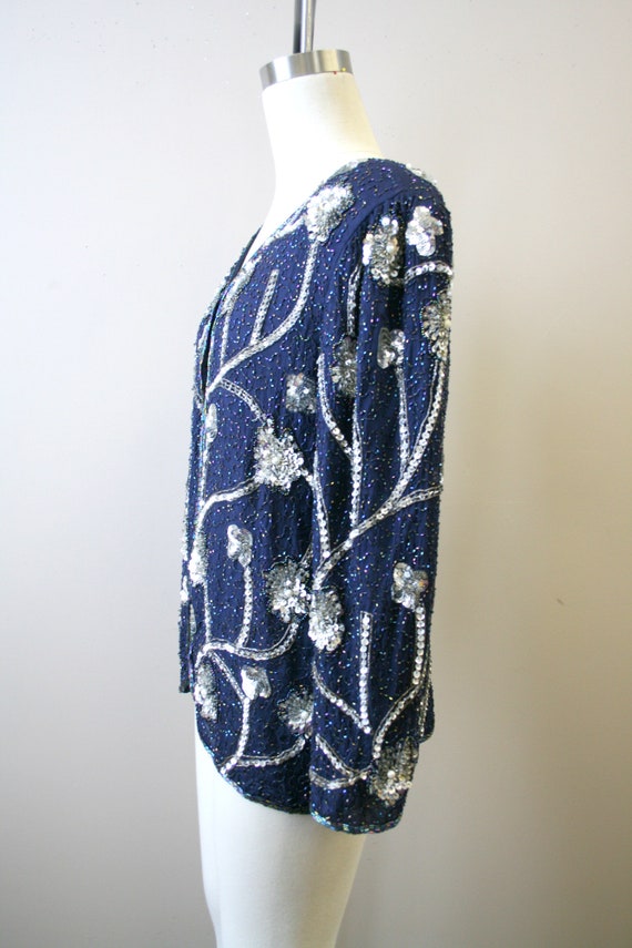 1990s Navy and Silver Sequin and Bead Jacket - Gem