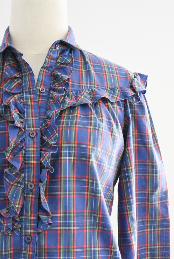 1970s/80s Blue Plaid Ruffled Blouse - Gem