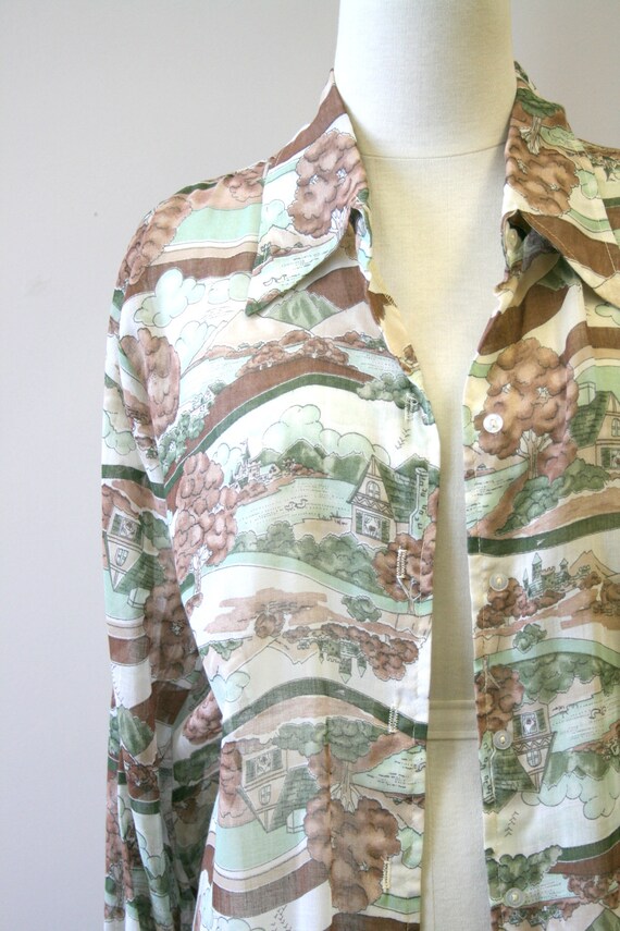 1970s Landscape Print Sheer Blouse - Gem